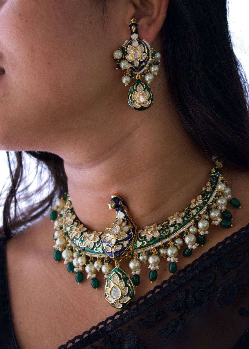 Majestic Peacock Enamel Designer Hasli Necklace Set